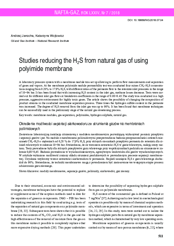 (PDF) Studies reducing the H2S from natural gas of using polyimide membrane