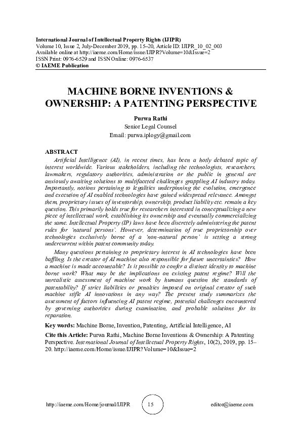 (PDF) MACHINE BORNE INVENTIONS & OWNERSHIP: A PATENTING PERSPECTIVE ...