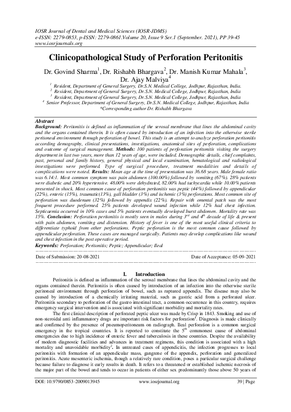 (PDF) Clinicopathological Study of Perforation Peritonitis