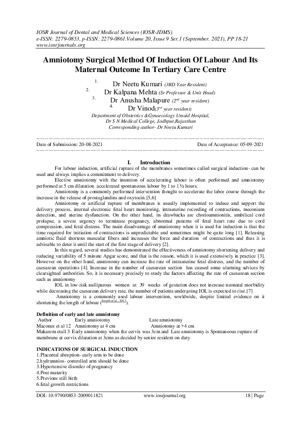 (PDF) Amniotomy Surgical Method Of Induction Of Labour And Its Maternal ...