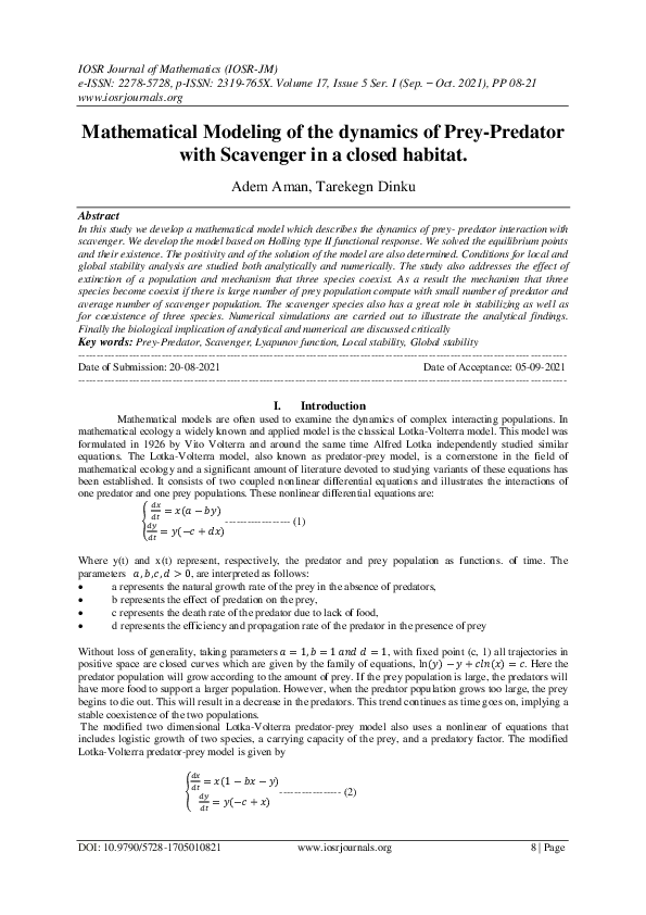(PDF) Mathematical Modeling of the dynamics of Prey-Predator with ...