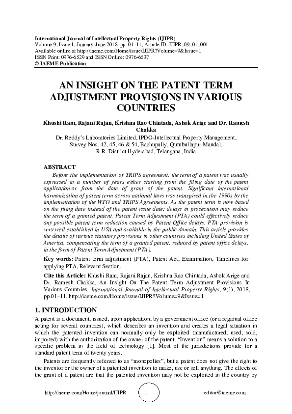 (PDF) AN INSIGHT ON THE PATENT TERM ADJUSTMENT PROVISIONS IN VARIOUS ...