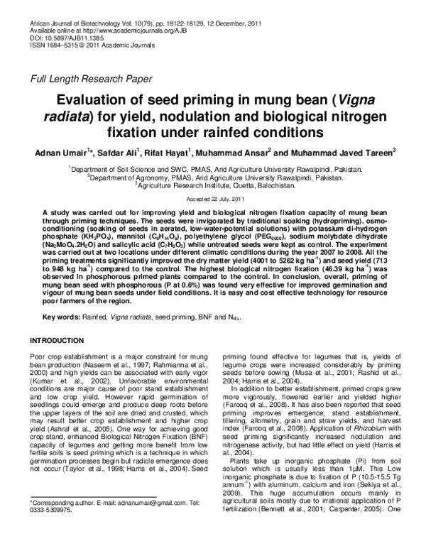 (PDF) Evaluation of seed priming in mung bean (Vigna radiata) for yield, nodulation and ...