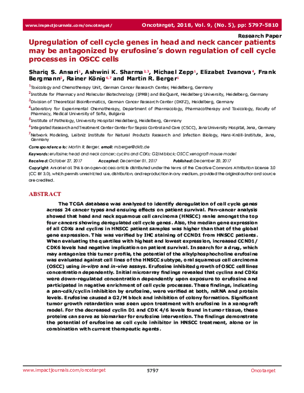 (PDF) Upregulation of cell cycle genes in head and neck cancer patients may be antagonized by ...