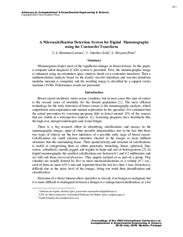 (PDF) A Microcalcification Detection System for Digital Mammography using the Contourlet ...