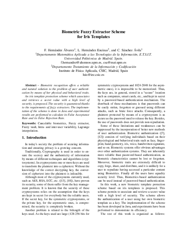 (PDF) Biometric Fuzzy Extractor Scheme for Iris Templates