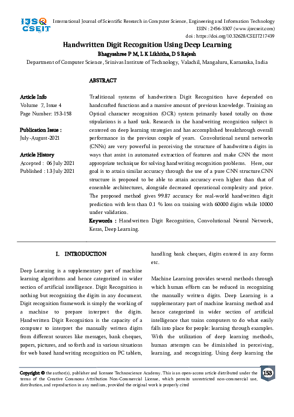 (PDF) Handwritten Digit Recognition Using Deep Learning