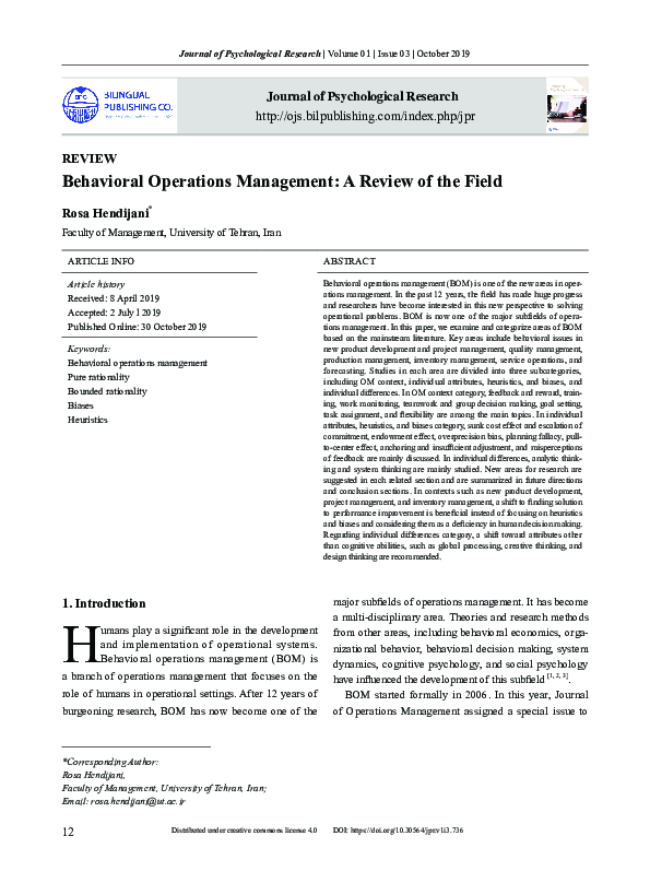 (PDF) Behavioral Operations Management: A Review of the Field