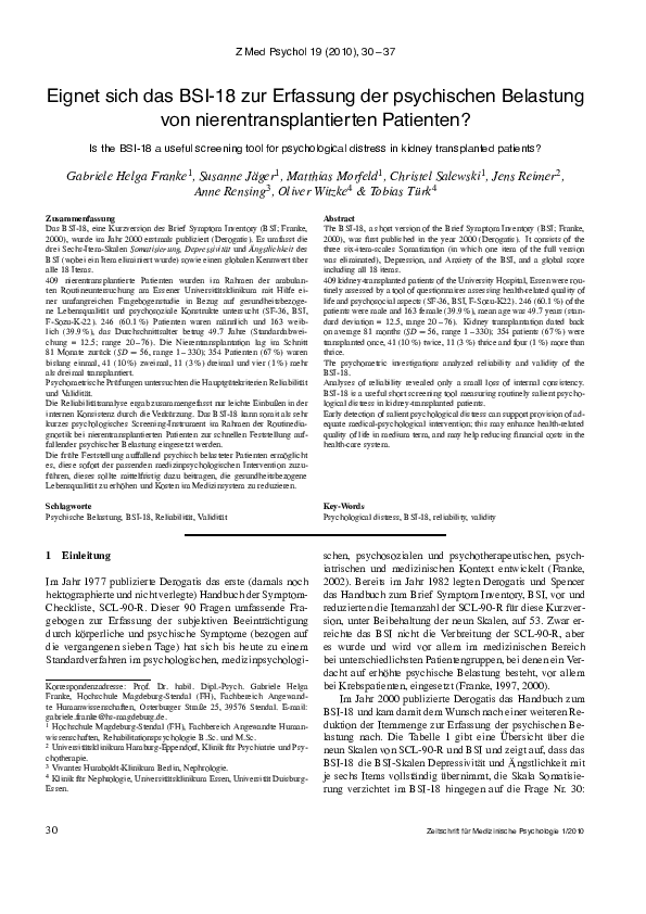 (PDF) Eignet sich das BSI-18 zur Erfassung der psychischen Belastung ...