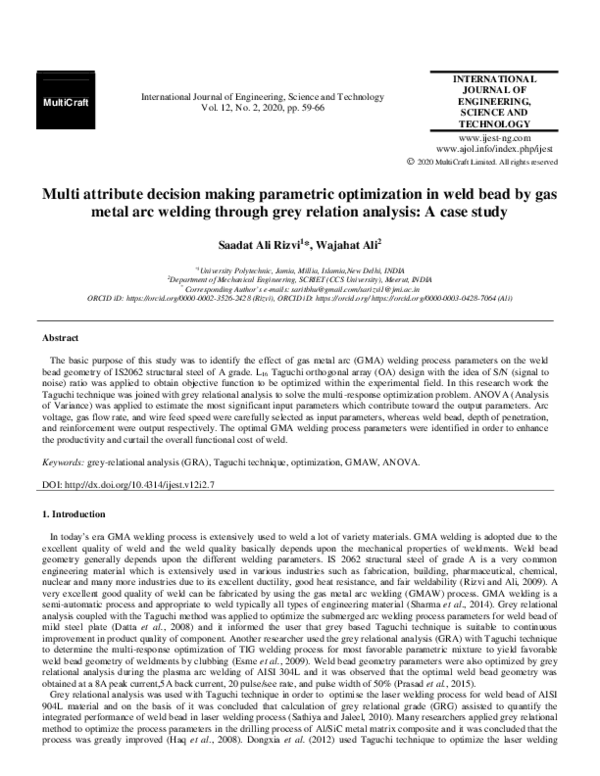 Pdf Multi Attribute Decision Making Parametric Optimization In Weld Bead By Gas Metal Arc