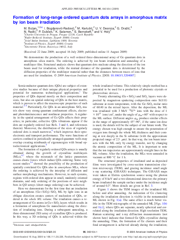 (PDF) Formation of long-range ordered quantum dots arrays in amorphous matrix by ion beam ...