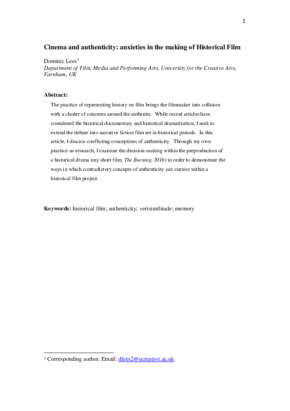 (PDF) Cinema and authenticity: anxieties in the making of historical film