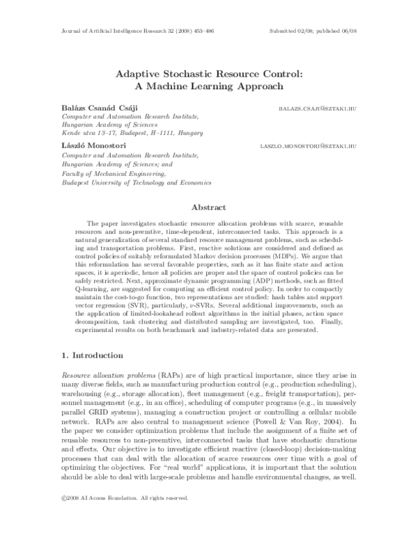 (PDF) Adaptive Stochastic Resource Control: A Machine Learning Approach