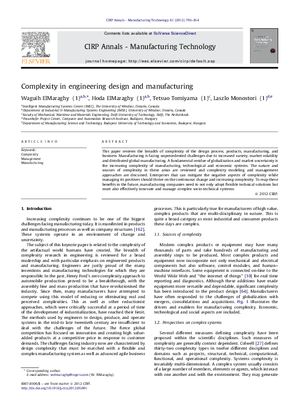 (PDF) Complexity in engineering design and manufacturing