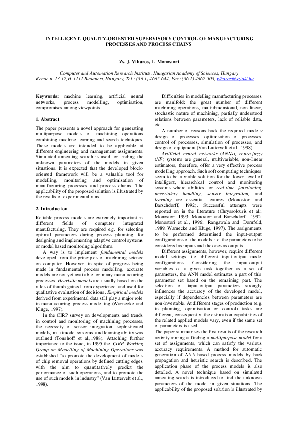 Pdf Intelligent Quality Oriented Supervisory Control Of Manufacturing Processes And Process