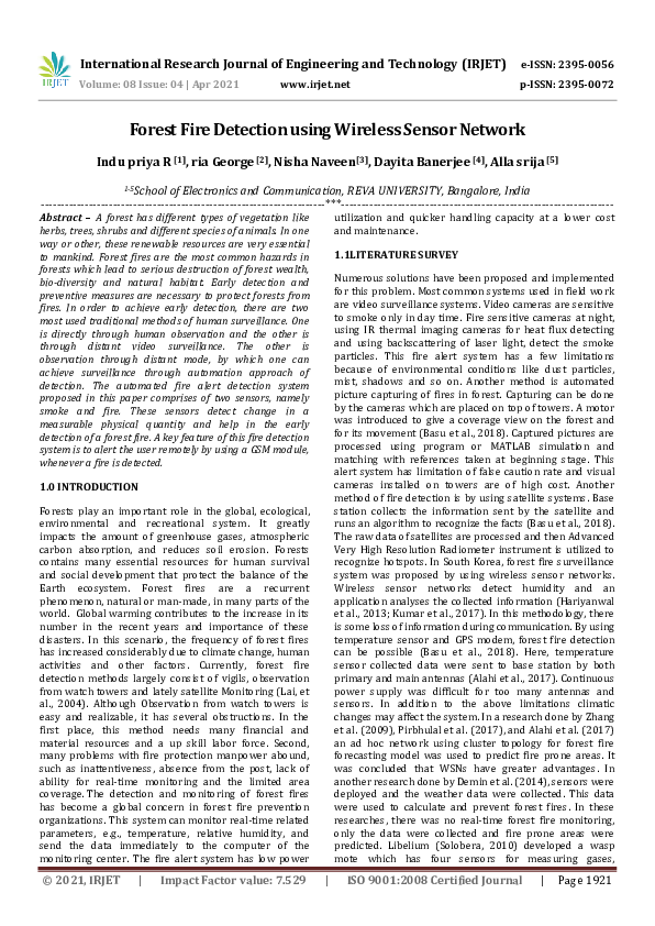 Pdf Irjet Forest Fire Detection Using Wireless Sensor Network Irjet