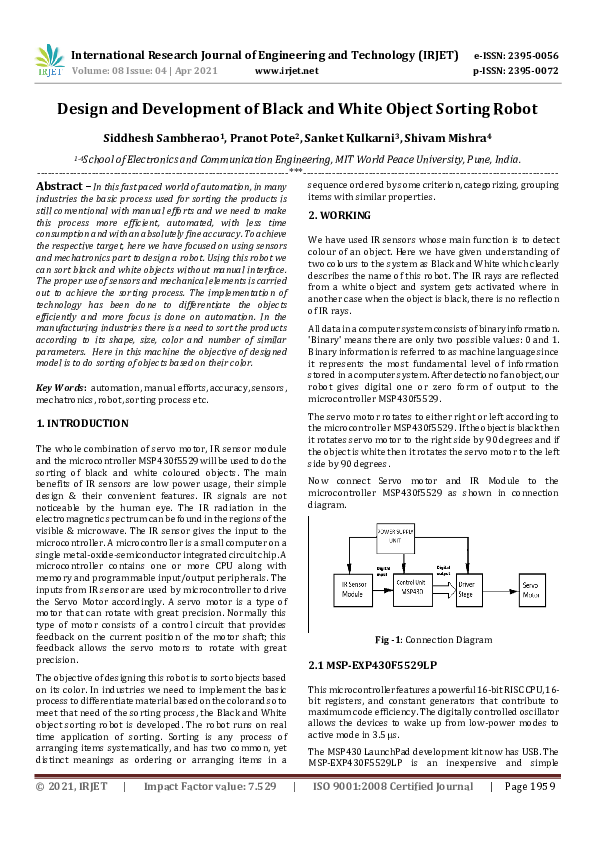 (PDF) IRJET- Design and Development of Black and White Object Sorting Robot