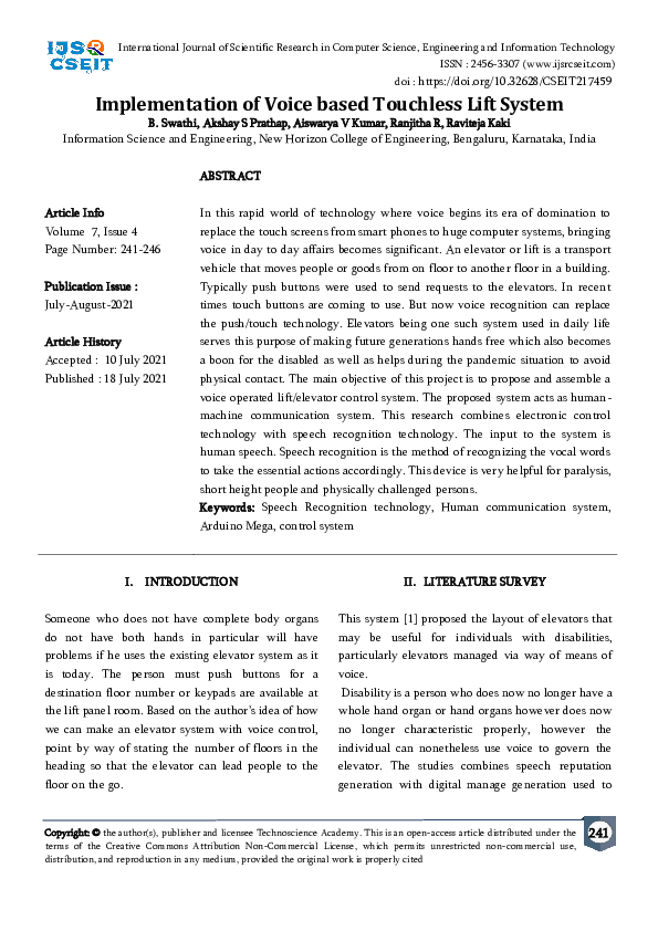 (PDF) Implementation of Voice based Touchless Lift System