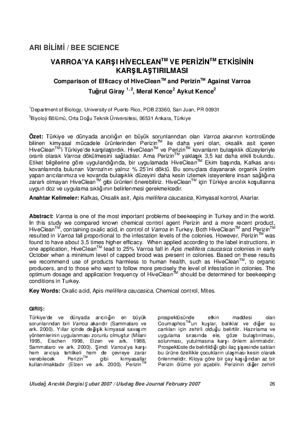 (PDF) VARROA'YA KARŞI HİVECLEAN TM VE PERİZİN TM ETKİSİNİN ...