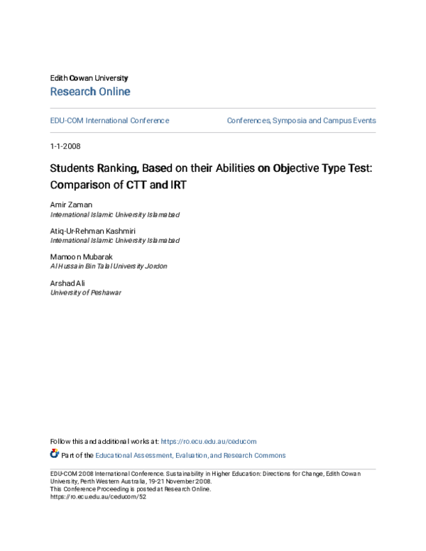 (PDF) Students Ranking, Based on their Abilities on Objective Type Test ...