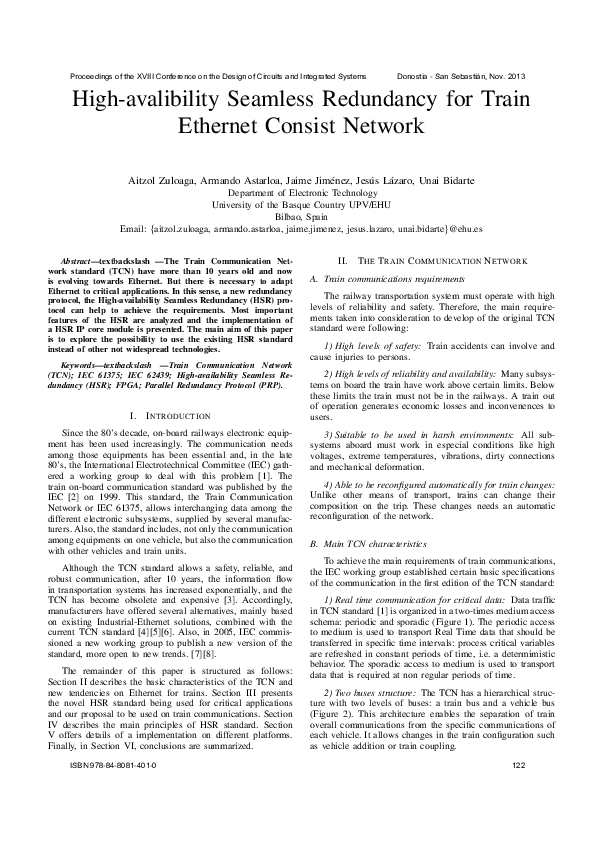 (PDF) High-availability Seamless Redundancy for Train Ethernet Consist Network