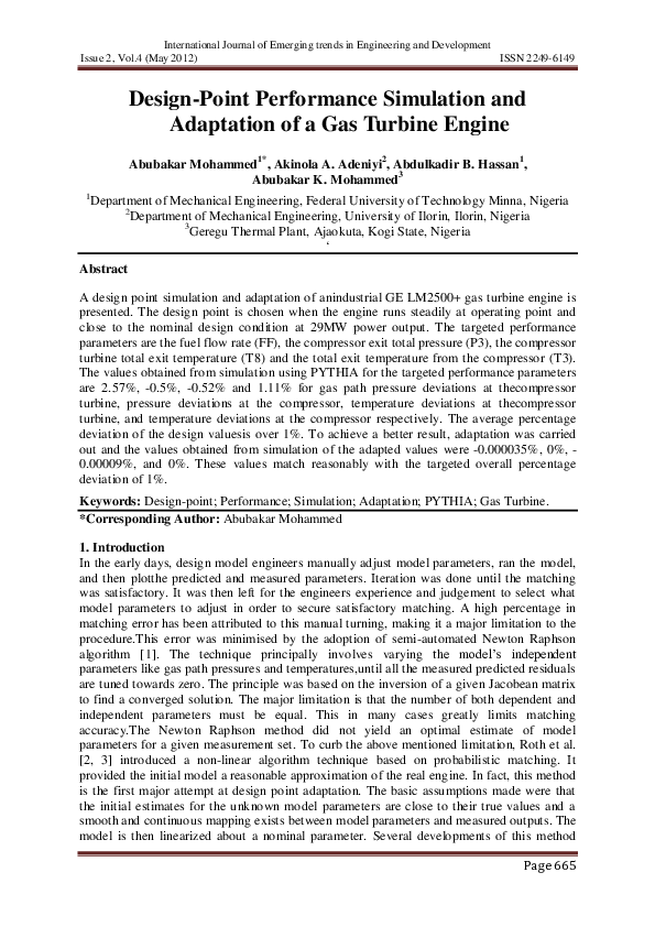 (PDF) Design-Point Performance Simulation and Adaptation of a Gas Turbine Engine