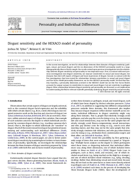 (PDF) Disgust sensitivity and the HEXACO model of personality