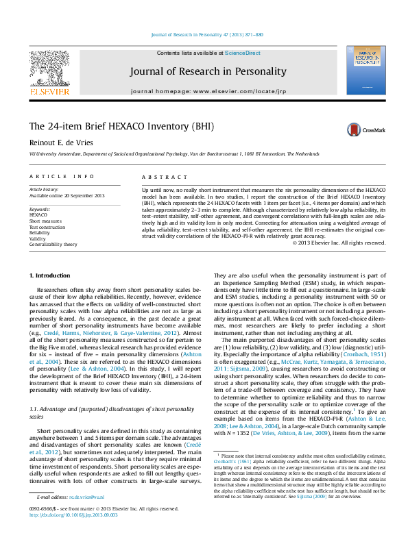 (PDF) The 24-item Brief HEXACO Inventory (BHI)