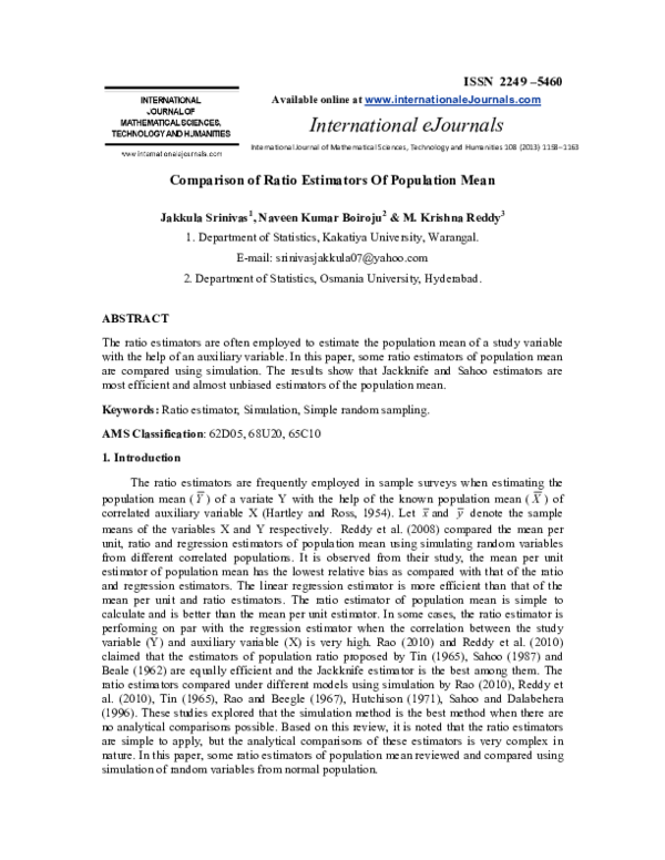 Pdf Comparison Of Ratio Estimators Of Population Mean