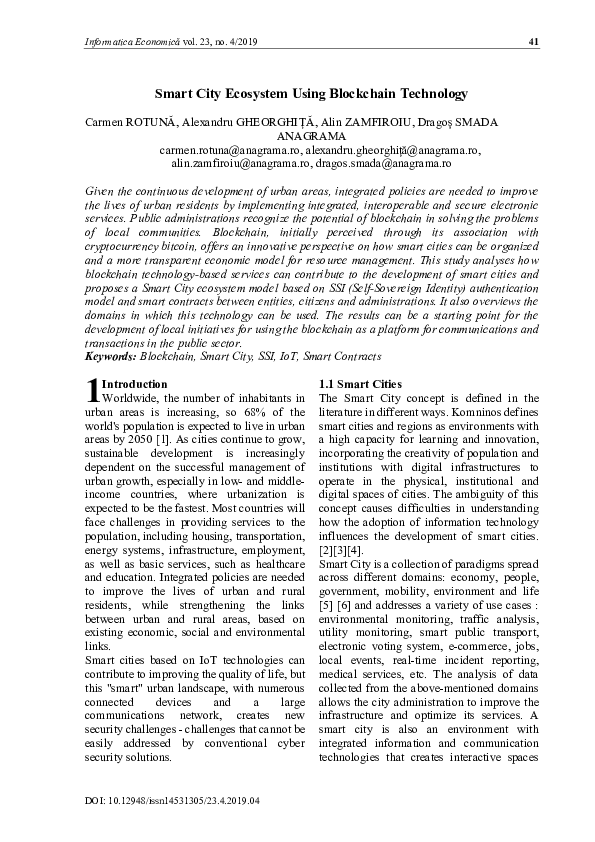 (PDF) Smart City Ecosystem Using Blockchain Technology