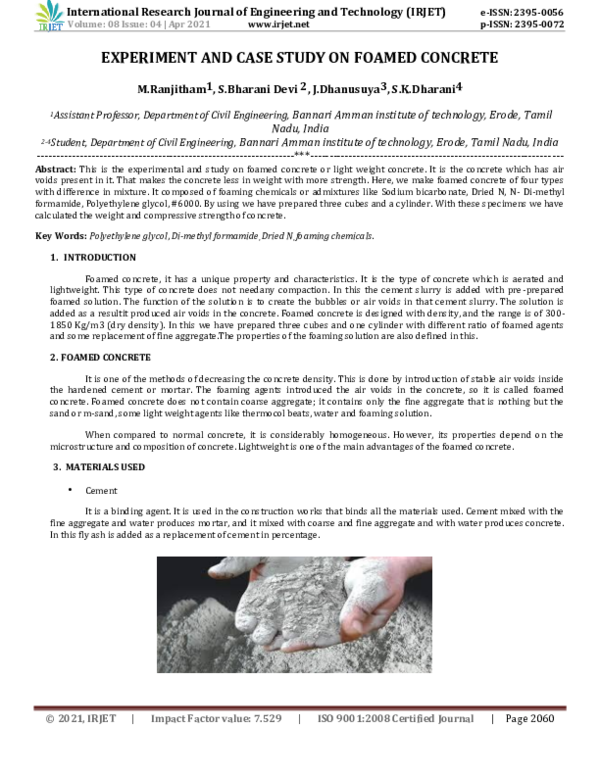 (PDF) IRJET- EXPERIMENT AND CASE STUDY ON FOAMED CONCRETE