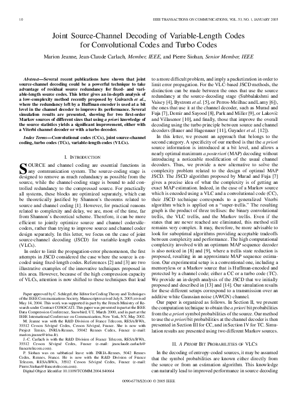 (PDF) Joint source-channel decoding of variable-length codes for convolutional codes and turbo codes