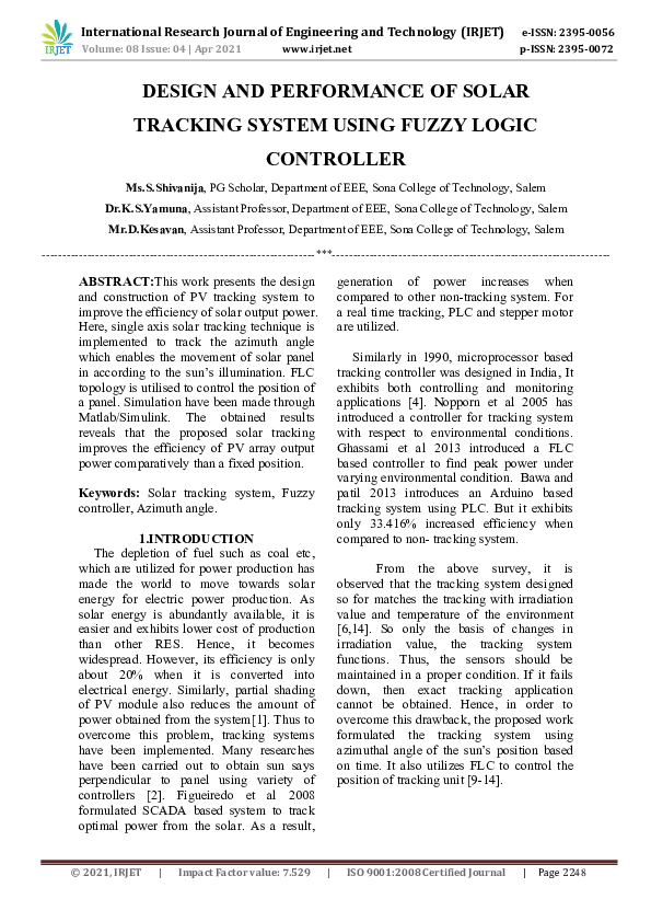 (PDF) IRJET-Design and Performance of Solar Tracking System using Fuzzy Logic Controller