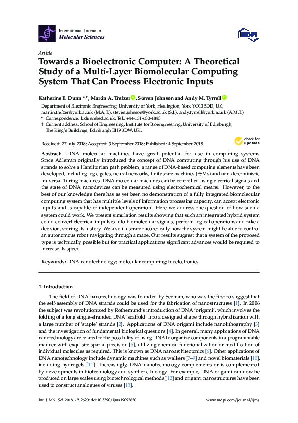 (PDF) Towards a Bioelectronic Computer: A Theoretical Study of a Multi ...