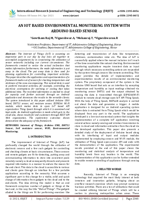 (PDF) IRJET- AN IOT BASED ENVIRONMENTAL MONITERING SYSTEM WITH ARDUINO ...