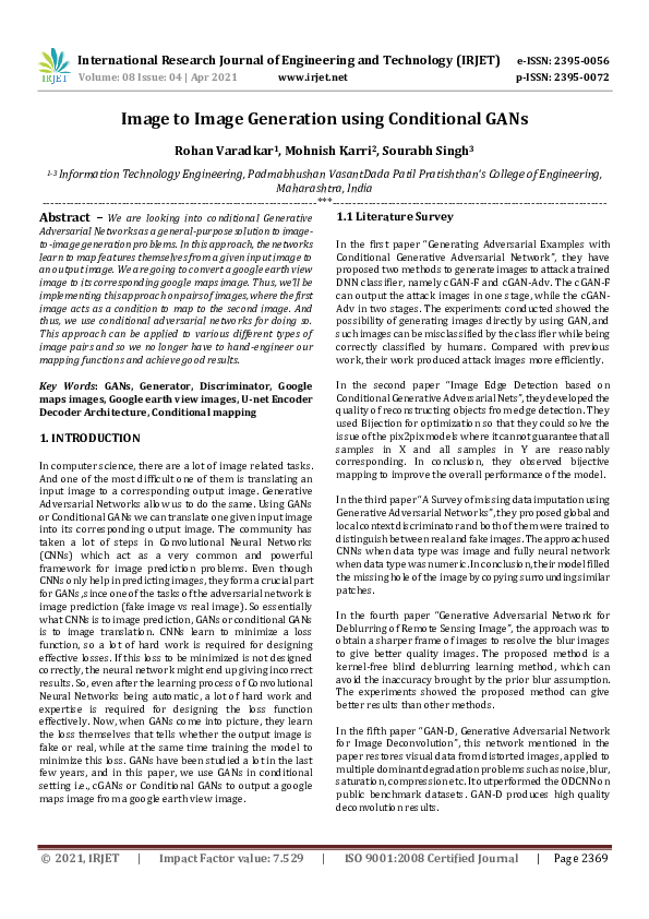(PDF) IRJET- Image to Image Generation using Conditional GANs | IRJET Journal - Academia.edu