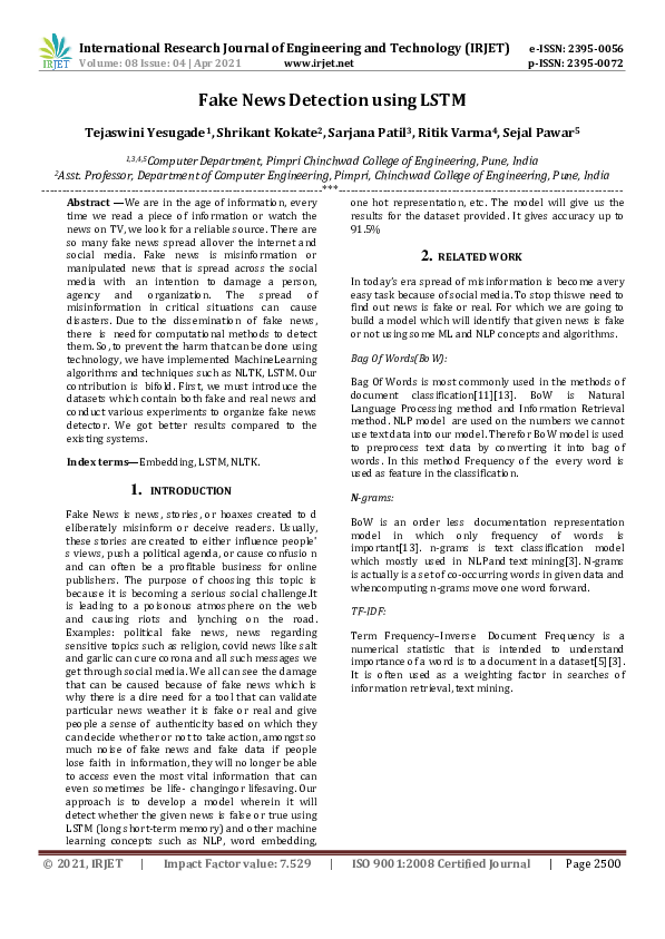 (PDF) IRJET- Fake News Detection using LSTM