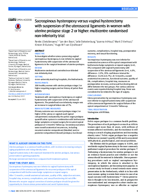 (PDF) Sacrospinous hysteropexy versus vaginal hysterectomy with ...