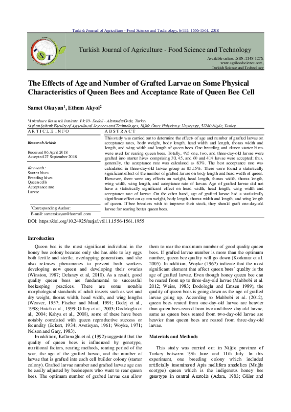 (PDF) The Effects of Age and Number of Grafted Larvae on Some Physical ...