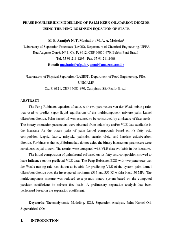(PDF) Phase Equilibrium Modelling of Palm Kern Oil/Carbon Dioxide Using the Peng-Robinson ...