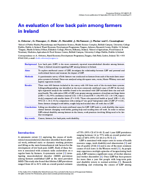 (PDF) An evaluation of low back pain among farmers in Ireland
