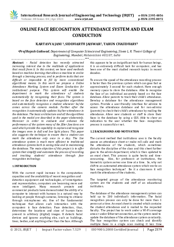 (PDF) ONLINE FACE RECOGNITION ATTENDANCE SYSTEM AND EXAM CONDUCTION