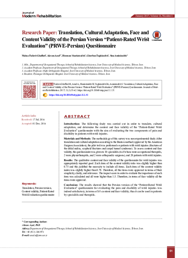 (PDF) Translation, Cultural Adaptation, Face and Content Validity of ...