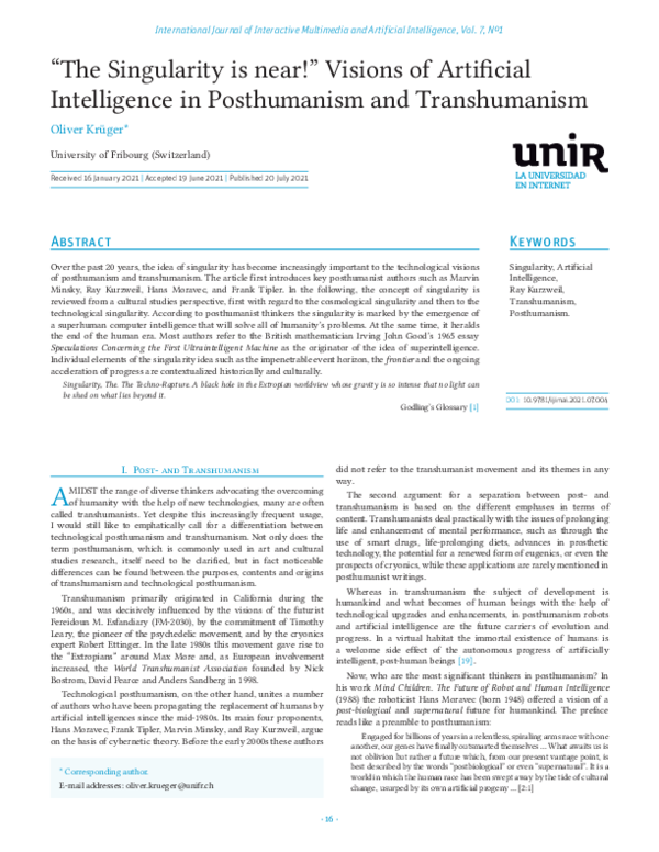 (PDF) "The Singularity is near!" Visions of Artificial Intelligence in Posthumanism and ...