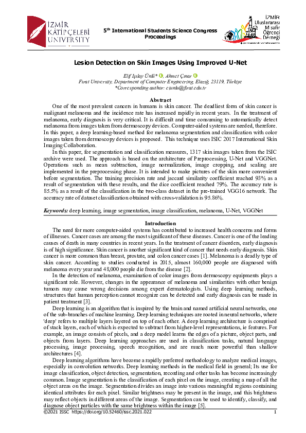 Pdf Lesion Detection On Skin Images Using Improved U Net ışılay