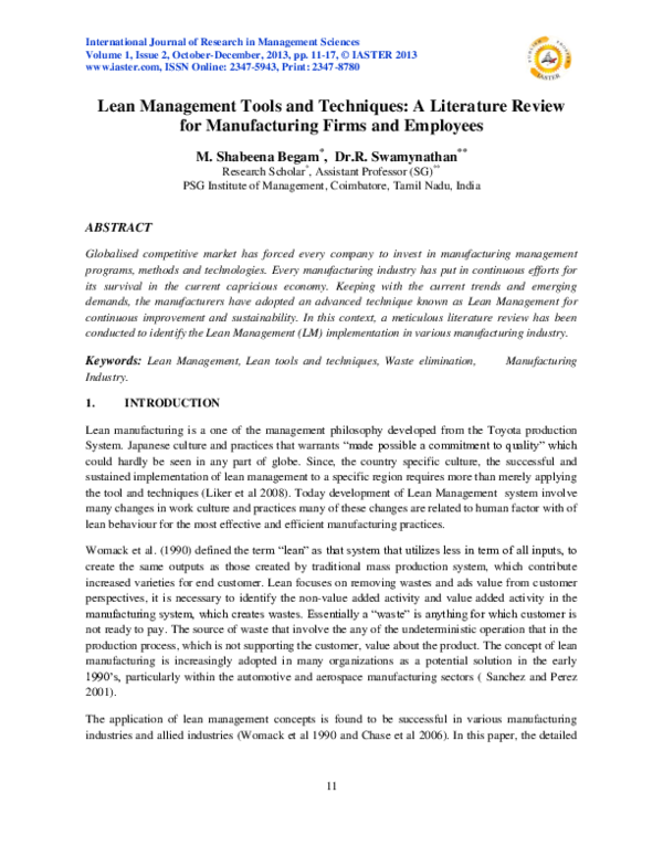 (PDF) Lean Management Tools and Techniques: A Literature Review for ...