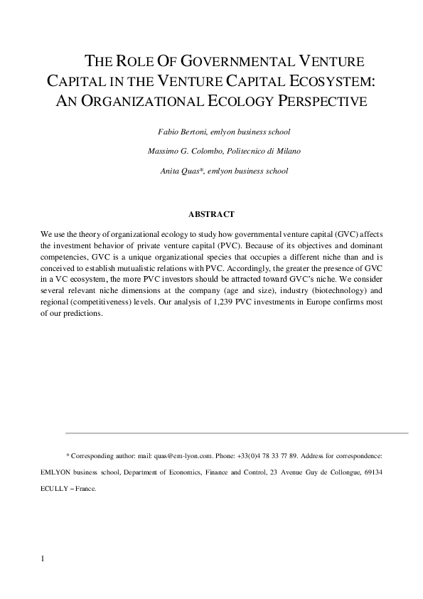 (PDF) The Role of Governmental Venture Capital in the Venture Capital ...