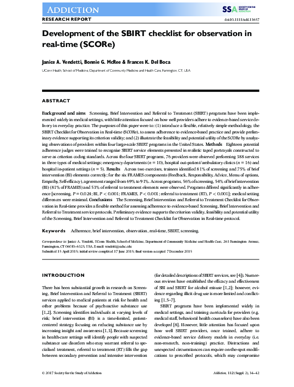 (PDF) Development of the SBIRT checklist for observation in real-time ...