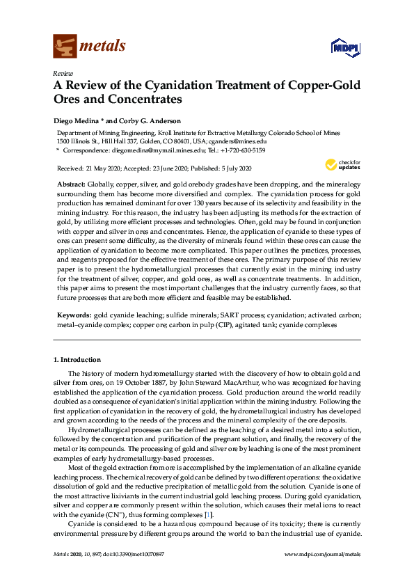 (PDF) A Review of the Cyanidation Treatment of Copper-Gold Ores and ...
