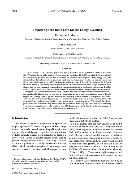 (PDF) Tropical Cyclone Inner-Core Kinetic Energy Evolution